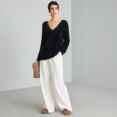 西班牙轻奢@D 女款 羊毛混纺毛绒深V领针织毛衣 7215