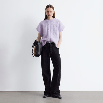 北欧风0S 女款 马海毛羊毛混纺圆领绞花短袖针织衫 E960