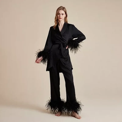 Feather Trim Satin Robe Set 羽毛装饰缎面睡衣晨袍三件套