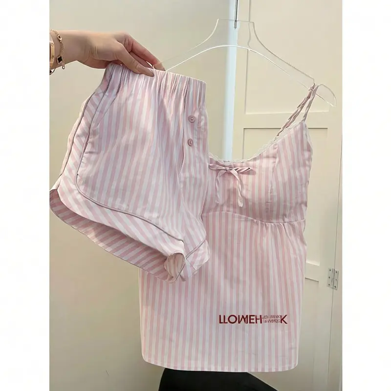 韩甜美条纹蝴蝶结吊带睡衣女夏款高级纯欲风家居服大码套装可外穿