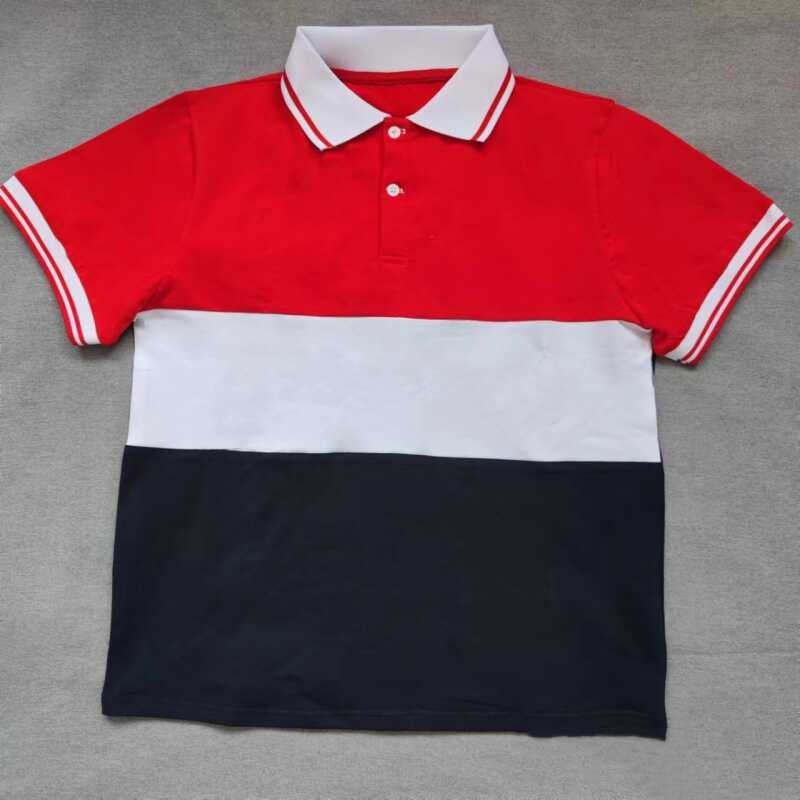 定做夏季男女校服同款短袖T恤衫藏蓝色拼接红色翻领短袖T恤polo衫