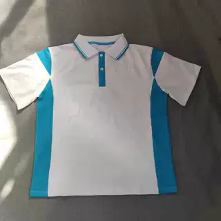 定做夏季男女校服同款短袖T恤白色拼接天蓝色翻领运动POLO衫T恤衫