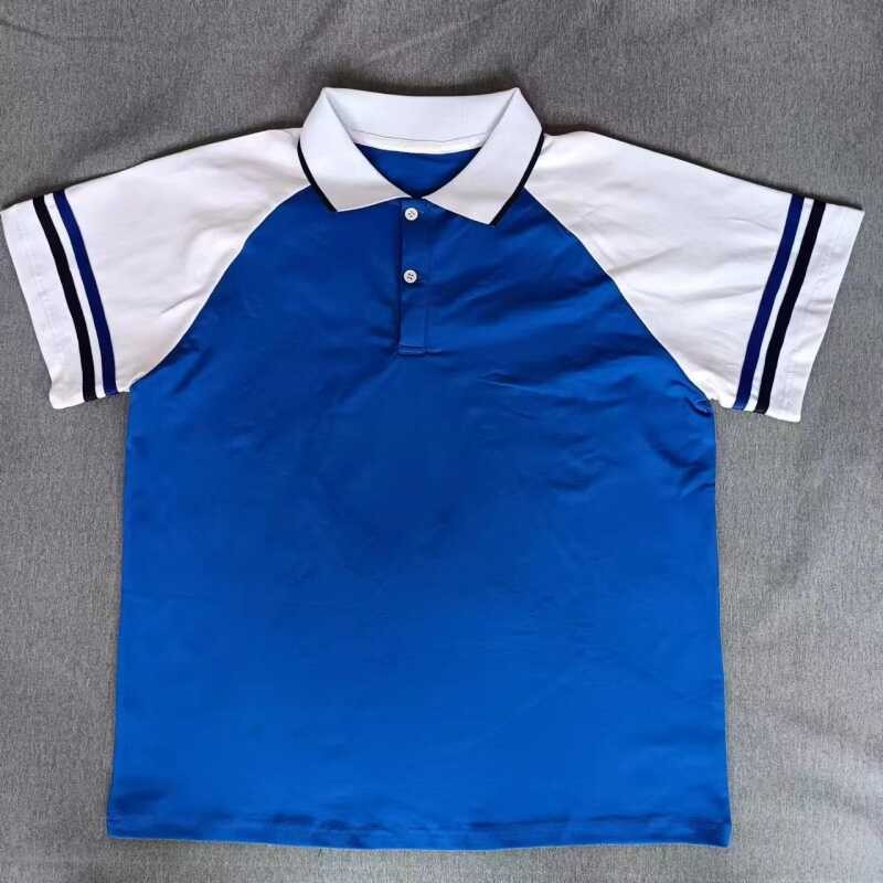 定做夏装男女校服同款运动短袖T恤衫蓝色拼接白色T恤衫POLO衫上衣