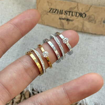 素圈女钛钢不掉色三件套戒指简约风指环极细老钱风镶钻叠戴素戒