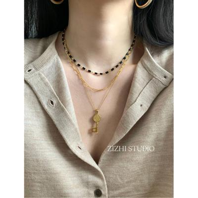 ZIZHI STUDIO复古黑色双层叠戴项链欧美极简双层18k金色锁骨链女