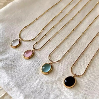 ZIZHI STUDIO彩色猫眼石钛钢项链女法式高级感圆牌锁骨链吊坠女