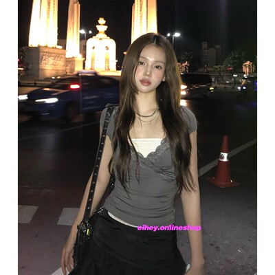 eihey诶嘿26夏季V领纯欲蕾丝花边拼接显瘦百搭短袖T恤百搭上衣女
