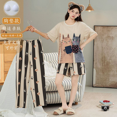 睡衣女带胸垫夏季纯棉薄款2026