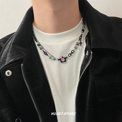 小怪兽碎石黑链条项链男款锁骨链女嘻哈小众设计高级感毛衣卫衣链