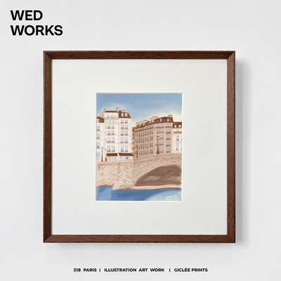 WED 浅蓝色系风景水彩插画包豪斯中古风装饰画客厅卧室沙发墙挂画