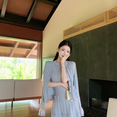 实拍 温柔毛感拼接针织连衣裙+开衫外套女秋