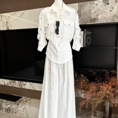 iamxiaa*天丝亚麻透气舒适可调节袖袢后腰绑带金属手工扣OS衬衫