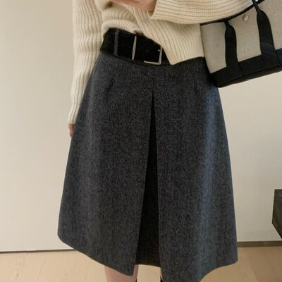 实物图已更新 配腰带秋冬新款高腰显瘦毛呢A字半身裙女百搭中裙子