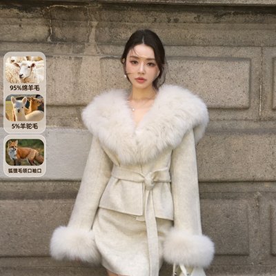 2025秋冬新款环保狐狸毛大翻领羊毛双面毛呢外套女收腰大衣冬套装