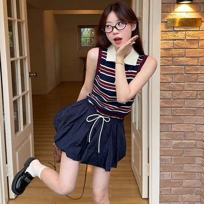 甜辣妹撞色条纹Polo领针织背心半身裙2025夏新款时尚两件套女