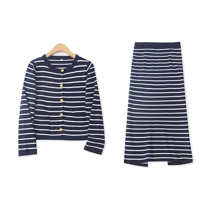 针织条纹套装秋季新款外贸女装长袖开衫+包臀半身裙分开出售18035