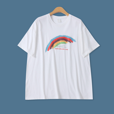 彩印花棉T恤夏季新款外贸女装百搭减龄宽松圆领短袖套头上衣18450