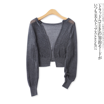 亮丝开衫春夏新款外贸女装百搭复古高弹力修身短款长袖罩衫18114