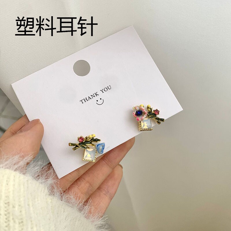 树脂针塑料耳钉防过敏S925银针滴釉花朵养耳洞耳饰无耳洞耳夹耳环
