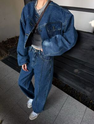 GOD财神2026春款韩版宽松显瘦百搭圆领牛仔外套女+显瘦牛仔直筒裤