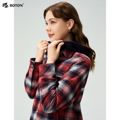 波顿宽松可拆帽格子衬衫型外套