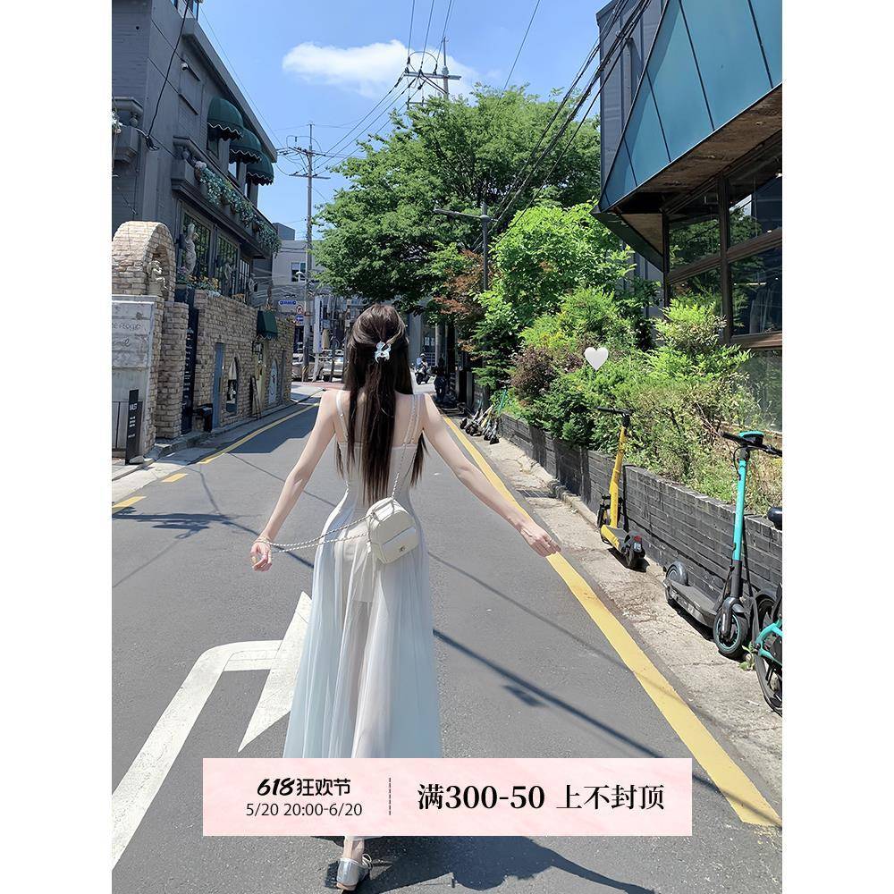 白水女【人鱼公主~】薄荷绿网纱连衣裙女新款氛围感收腰显瘦裙子
