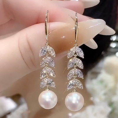 麦穗锆石珍珠耳钩长款流苏女耳坠