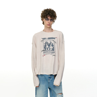 美式趣味印花松驰情侣长袖T恤男