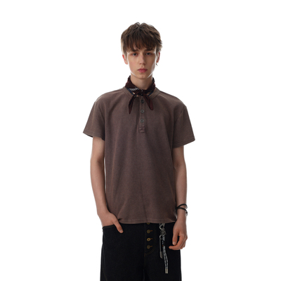 美式复古华夫格亨利领短袖T恤男