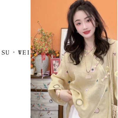 26年新款新中式夏季苎麻刺绣斜襟宽松百搭国风上衣20536