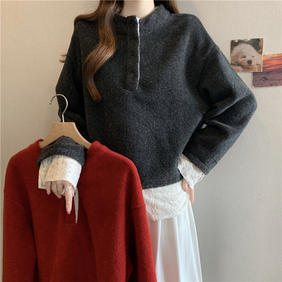 加厚半高领红色毛呢卫衣女2025秋冬大码胖mm显瘦法式蕾丝拼接上衣