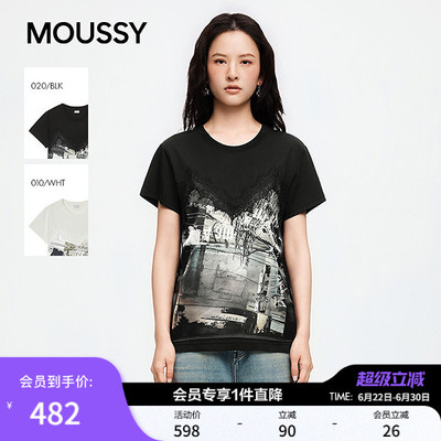 MOUSSY2026夏季新品甜酷风蕾丝拼接涂鸦印花短袖T恤028JSZ90-1042