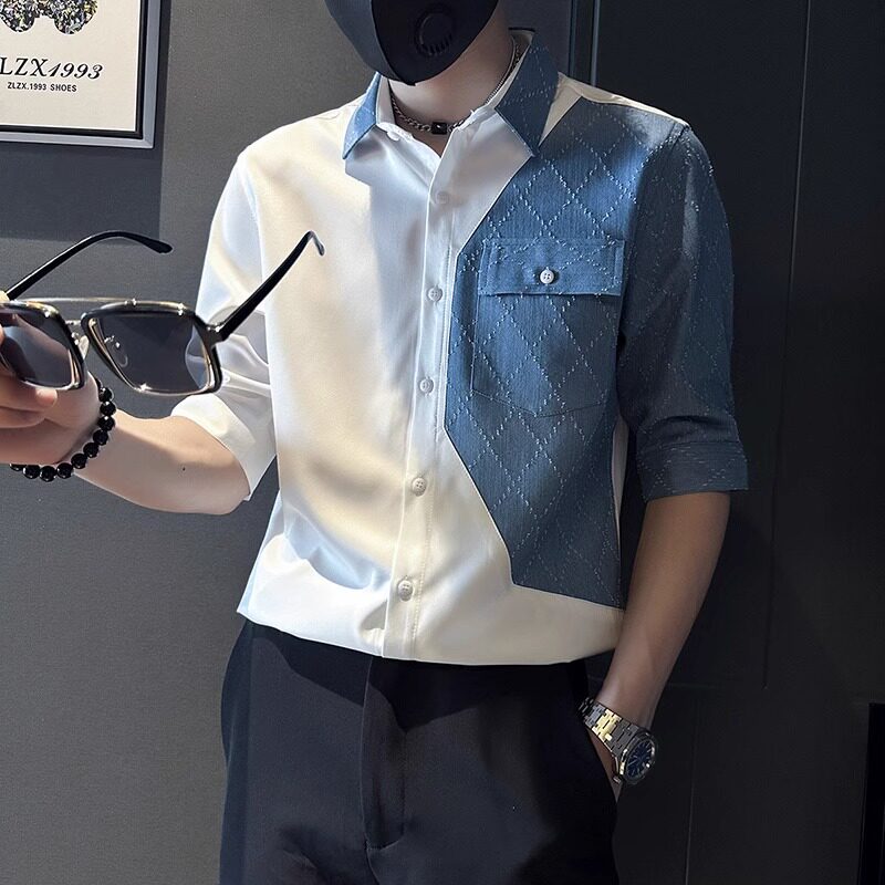 LL男装衬衫男短袖夏季薄款休闲2026新款高级感痞帅七分袖拼接牛仔