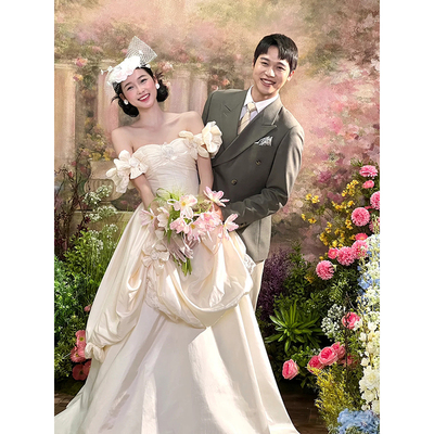 法式缎面抹胸复古新娘结婚轻婚纱出门纱超仙森系轻奢拍摄写真礼服