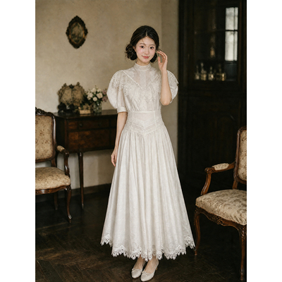 法式简约订婚新娘宴会礼服裙领证登记森系小白裙生日成人礼复古