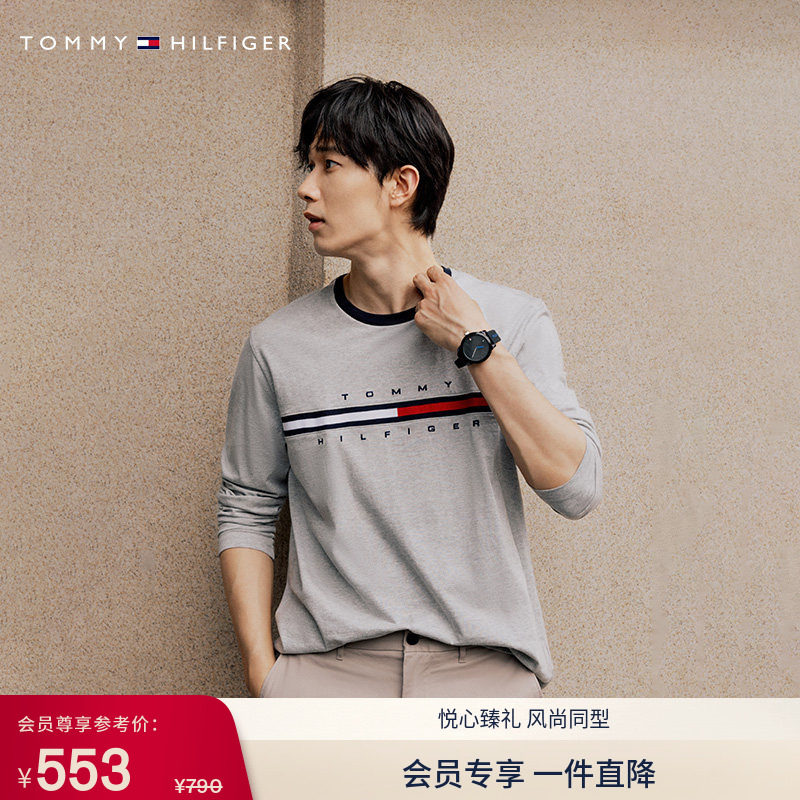 【七夕礼物】Tommy26秋季新款男女纯棉拼色织带刺绣亚洲版长袖T恤
