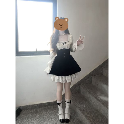 假两件波点拼接连衣裙