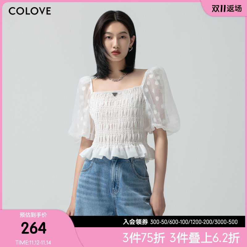 COLOVE卡拉佛白色短袖雪纺衫女春秋新款修身显瘦拼接网纱上衣_虎窝淘