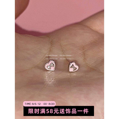 s999纯银粉爱心蝴蝶结可爱耳钉