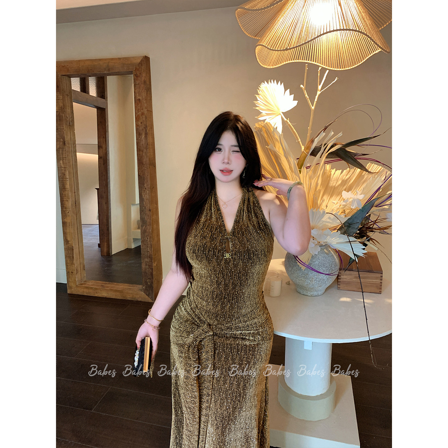 Babes【古铜神谕】大码胖mm烫钻爆闪挂脖显瘦包臀鱼尾连衣裙女