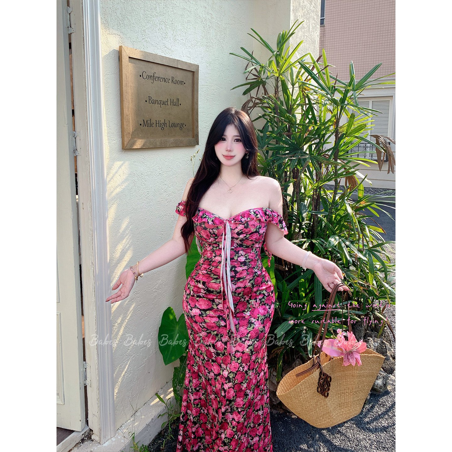 Babes【绯色旧梦】大码夏季法式胖mm荷叶边度假一字肩包臀连衣裙