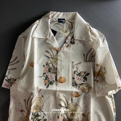 STRAPPING古典暖白花卉古巴领短袖花衬衫男女夏威夷泰国日系复古