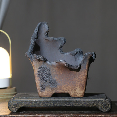 紫砂花盆月亮盆盆异形柴烧盆悬崖盆创意园艺手工盆景盆南蛮盆