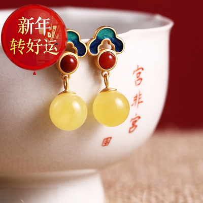 祥云蜜蜡耳坠纯银耳钉女中国风宫