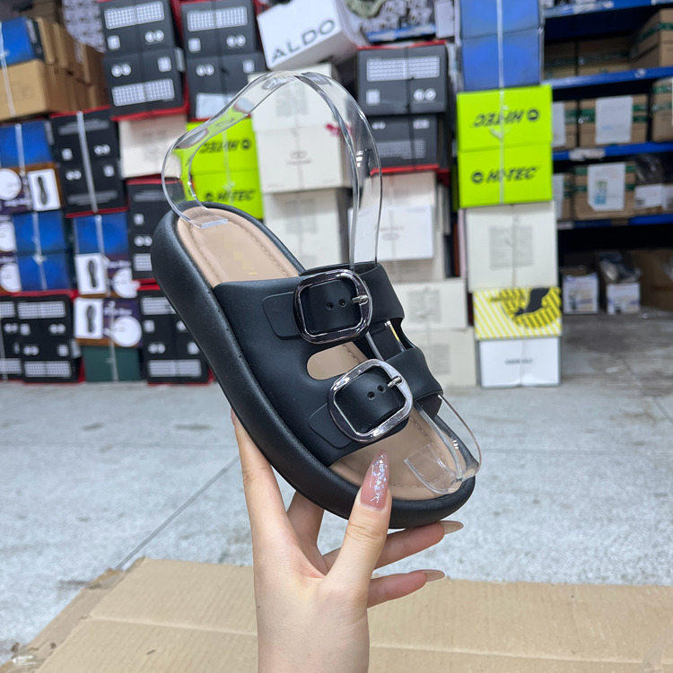 Lady Shoes外贸出口女鞋新款圆头纯色厚底皮带扣时尚百搭休闲拖鞋