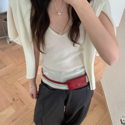 SARA-法式V领网纱拼接背心+针织衫(含6羊毛)(两件套)wm359