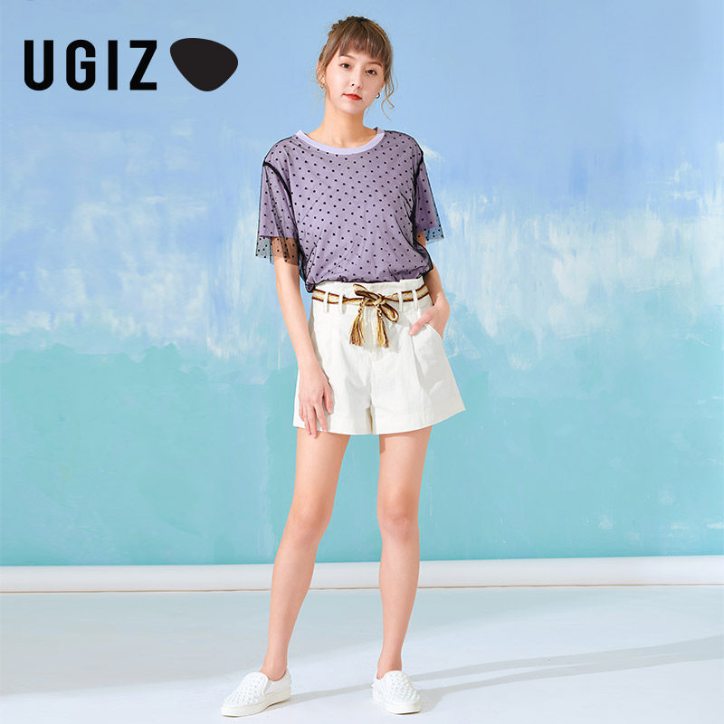 UGIZ夏季新品女装韩版时尚休闲网纱两件套上衣波点T恤女UBTC621-5_虎窝淘