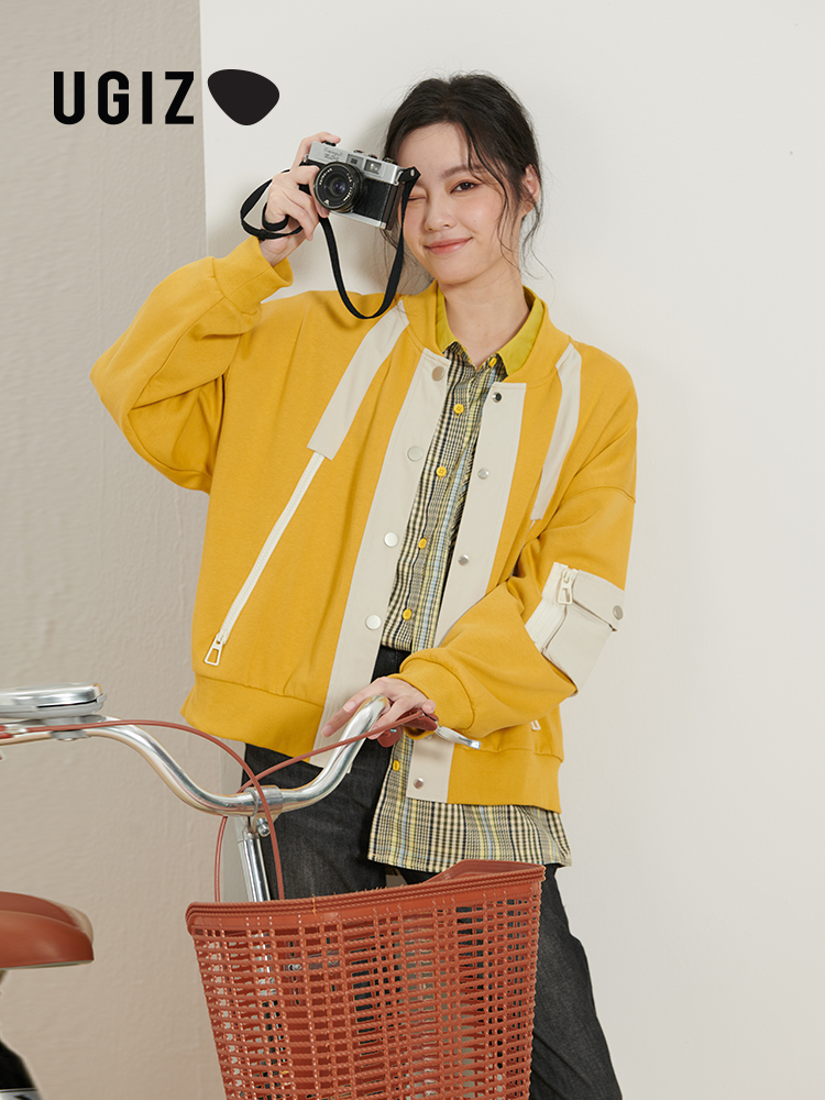 UGIZ商场同款2022秋季新品韩版女装拼接休闲夹克外套女UCUF809_虎窝淘
