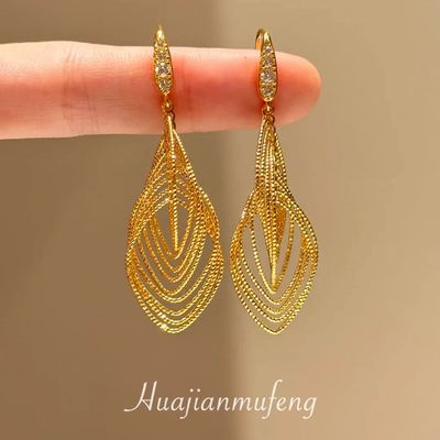 金色多层菱形耳环女2026新款轻奢高级感耳饰长款气质流苏耳夹