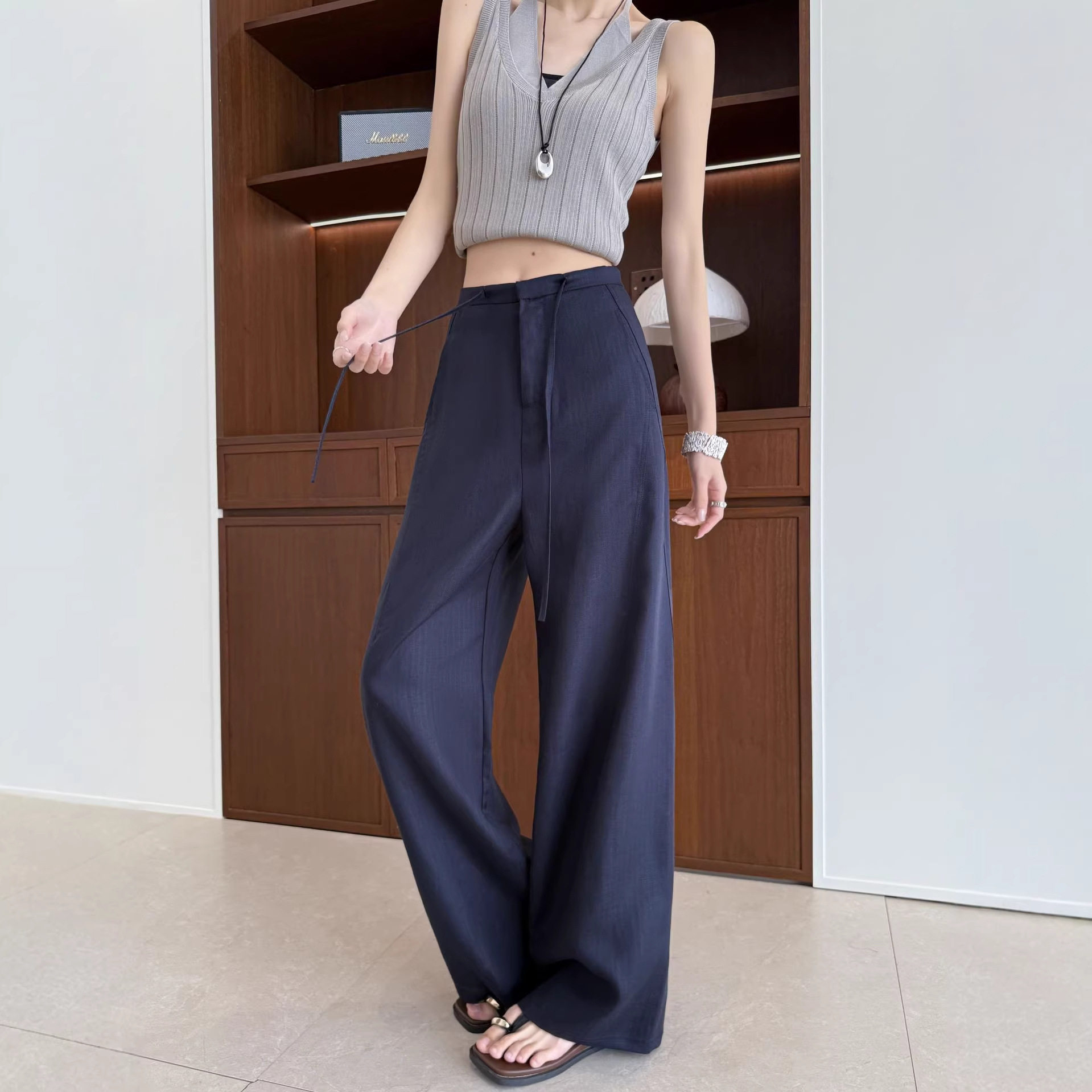 天丝亚麻藏青阔腿裤女2026夏季薄款松紧腰百搭垂感高腰直筒休闲裤